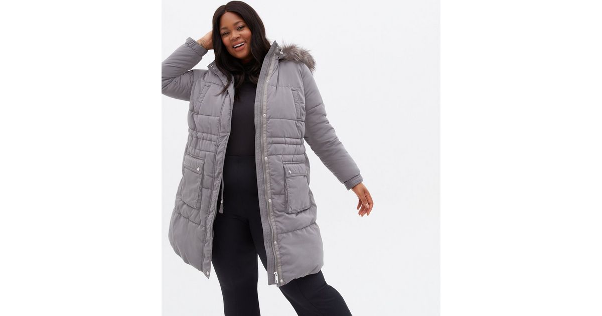Curves Grey Faux Fur Hooded Long Puffer Jacket | New Look