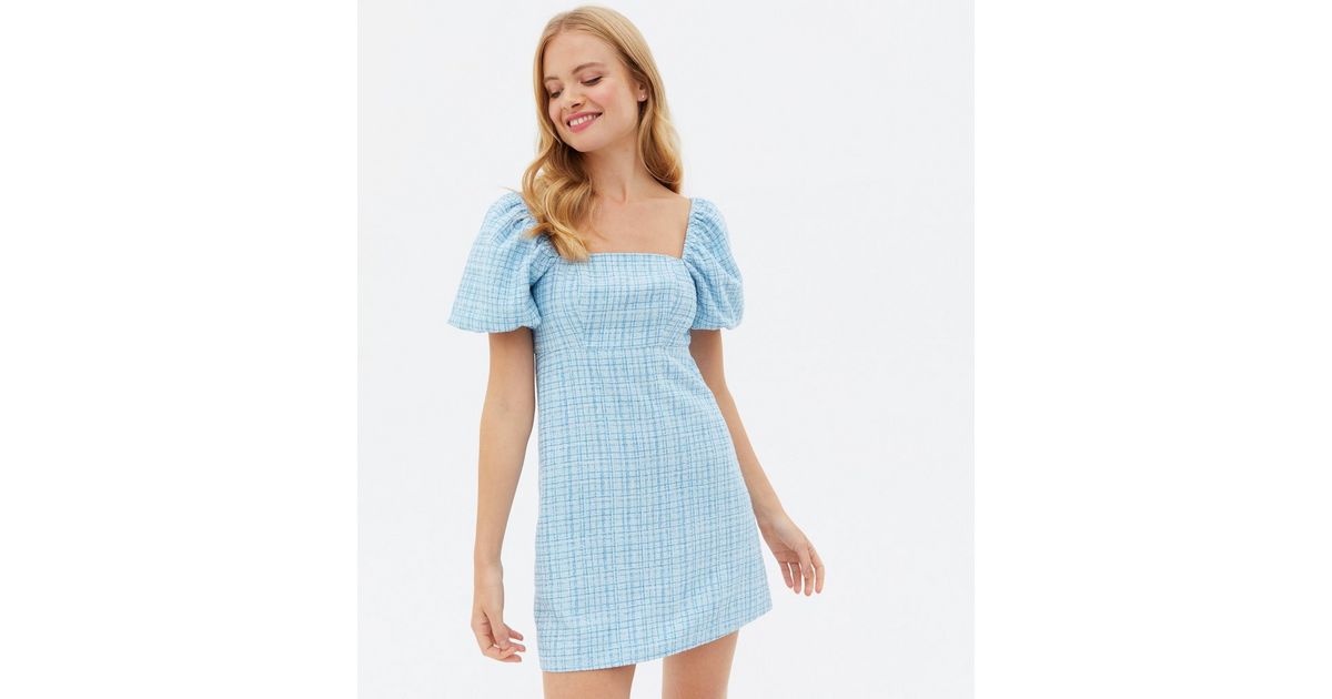Pale Blue Check Bouclé Metallic Square Neck Mini Dress | New Look