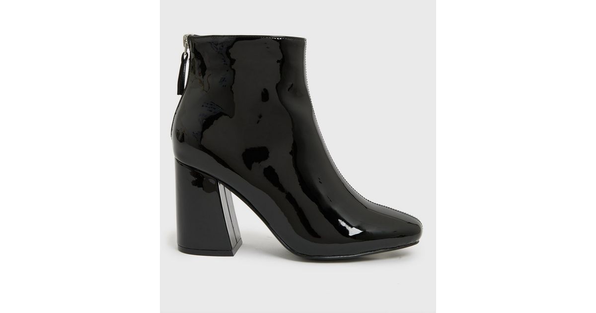 Black Patent Block Heel Ankle Boots | New Look