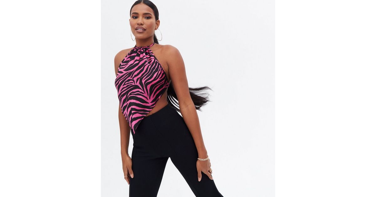 Pink Tiger Print Satin Hanky Hem Halter Top | New Look