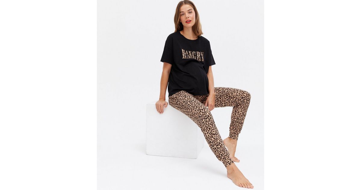 Maternity Black Leopard Print Jogger Pyjama Set With Hangry Logo New Look