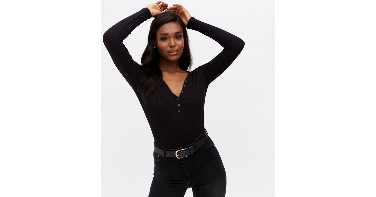 Black Ribbed Button Front Bodysuit | New Look