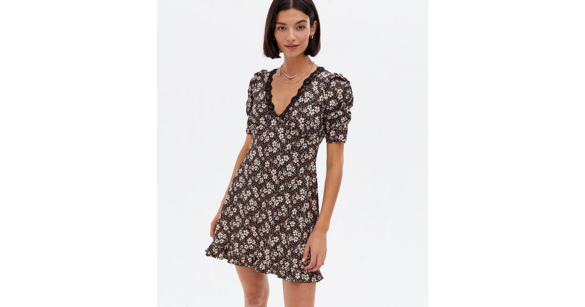 Black Floral Lace Trim Mini Tea Dress | New Look