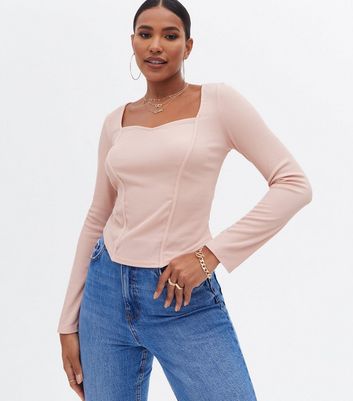 Pale Pink Ribbed Corset Seam Long Sleeve Top | New Look