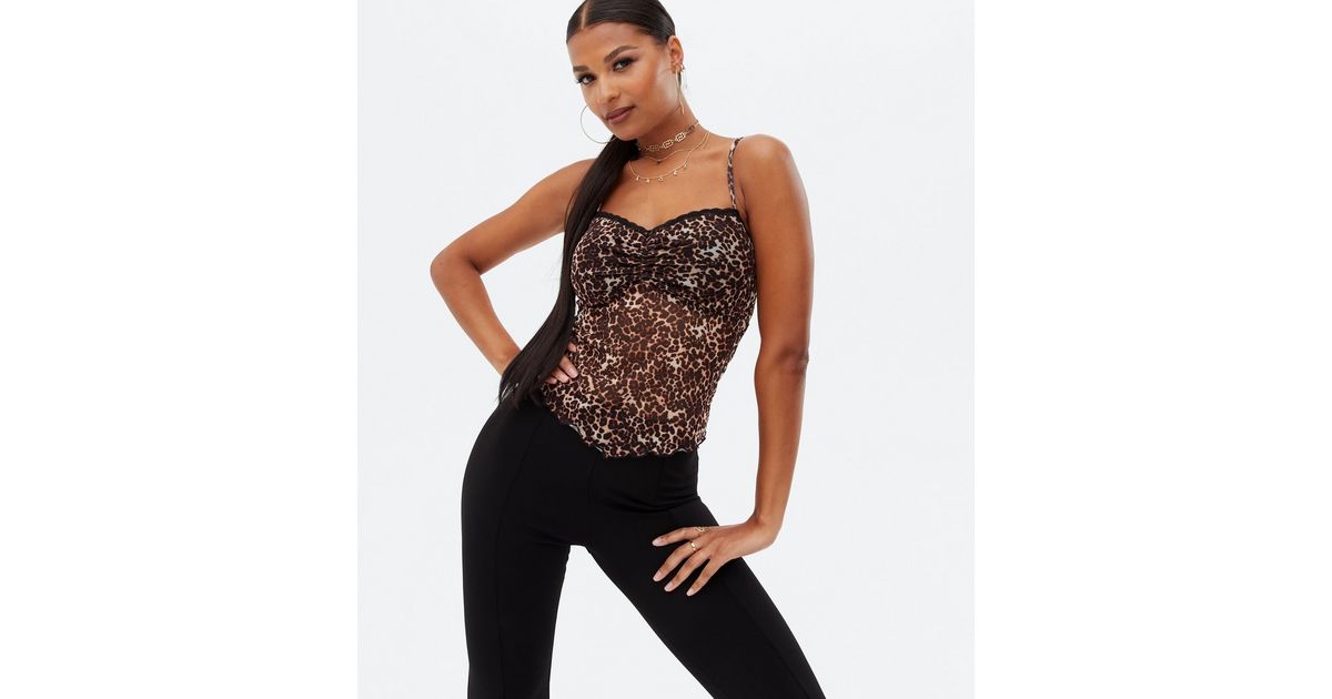 Brown Leopard Print Mesh Lace Trim Cami New Look