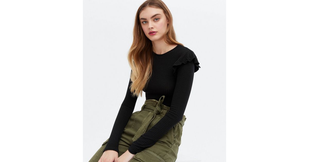 Black Soft Ribbed Frill Long Sleeve Top | New Look