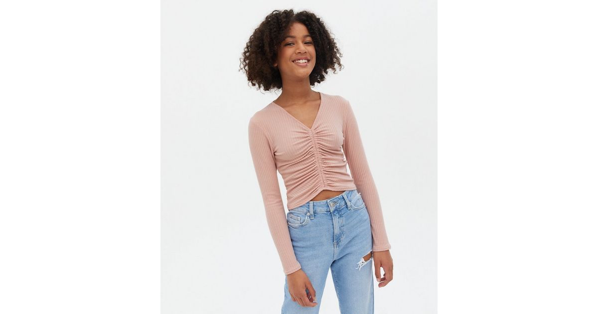 Girls Pale Pink Ribbed Ruched Front Top | New Look