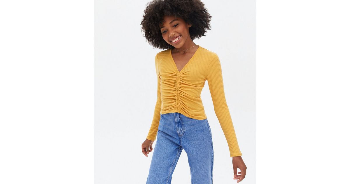 Girls Mustard Ribbed Ruched Front Top | New Look