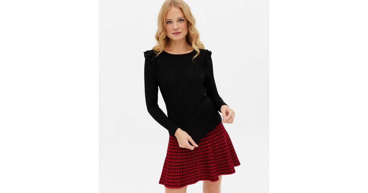 Black Fine Knit Frill Long Sleeve Top | New Look