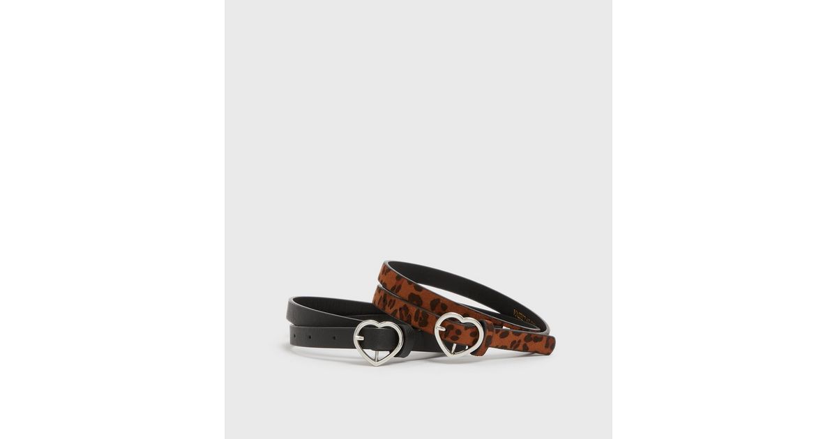 Girls 2 Pack Black and Brown Leopard Print Skinny Heart Buckle Belts ...