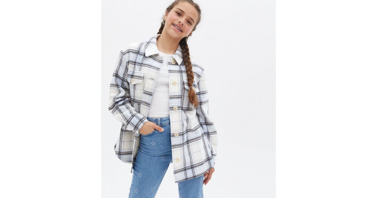 Girls Blue Check Double Pocket Shacket | New Look