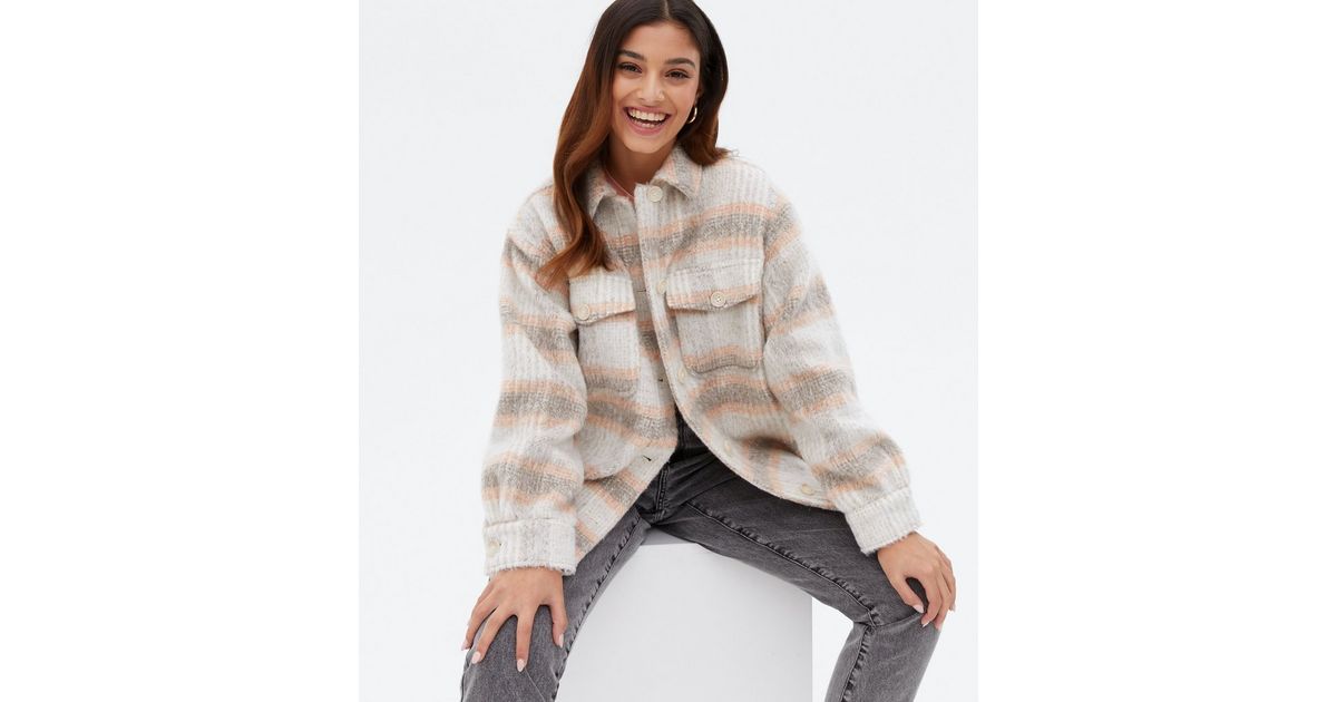 Petite Coral Check Brushed Shacket | New Look
