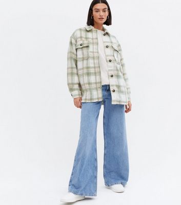 Light Green Check Brushed Pocket Front Shacket | New Look