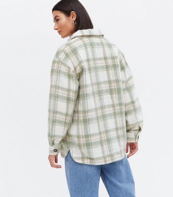 Light Green Check Brushed Pocket Front Shacket | New Look