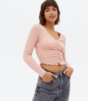 Deep Pink Ribbed Ruched Long Sleeve Crop Top | New Look