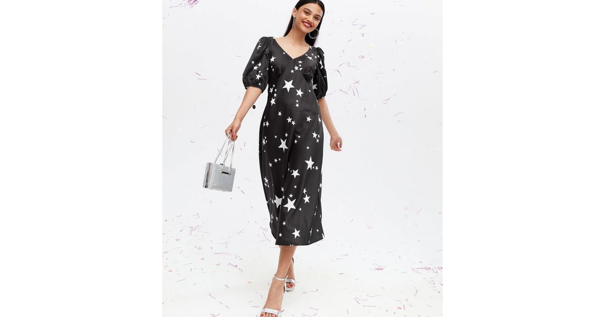 Black Star Satin Midi Dress | New Look