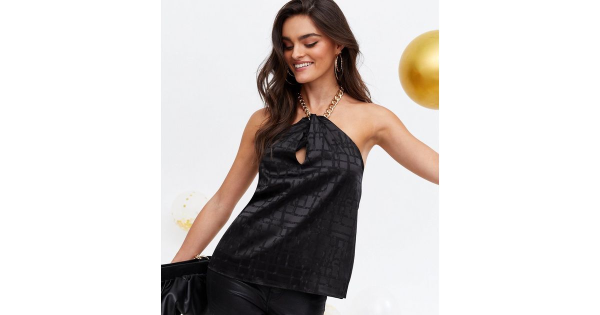 Black Jacquard Satin Chain Halter Top | New Look