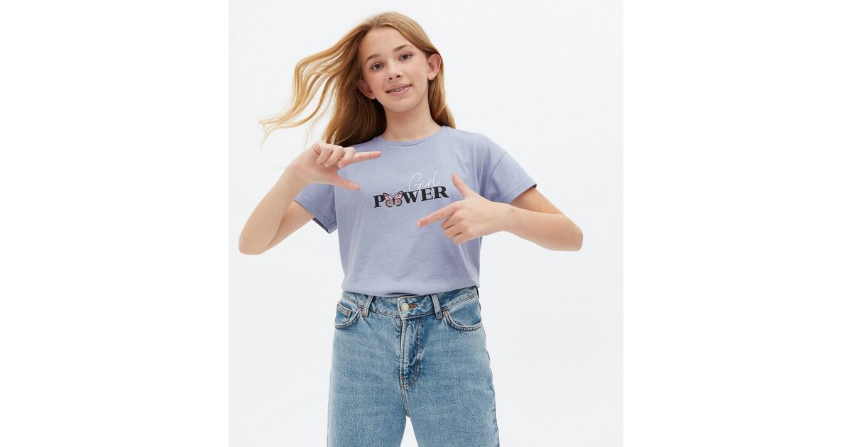 Girls Blue Girl Power Butterfly Logo T-Shirt | New Look
