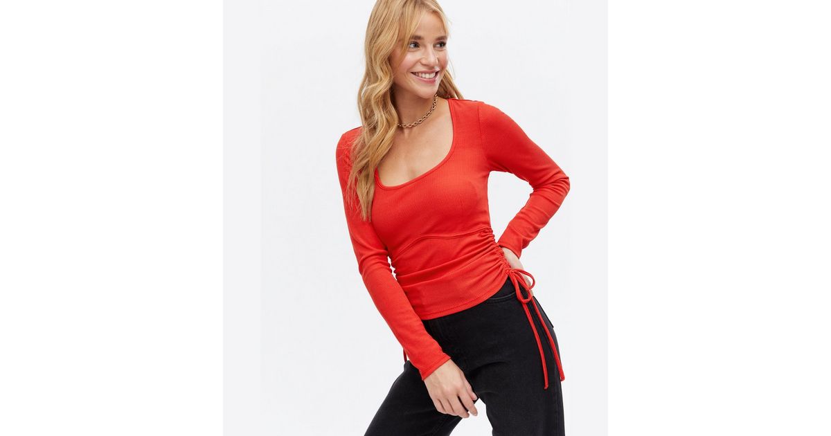 Red Ribbed Ruched Tie Side Scoop Neck Top | New Look