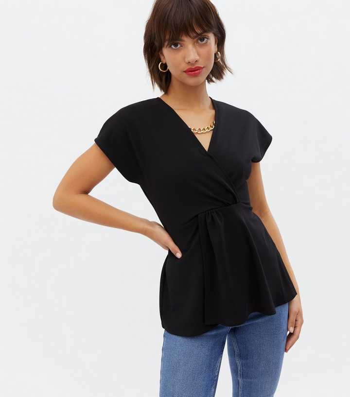 Black Scuba Crepe Chain Wrap Peplum Top | New Look