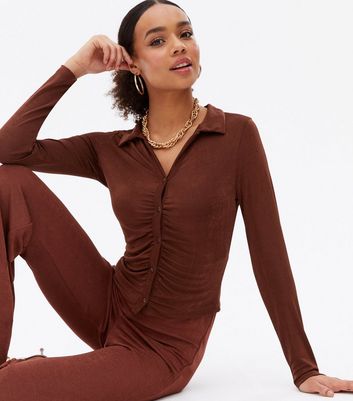 Rust Ruched Button Front Collared Shirt | New Look