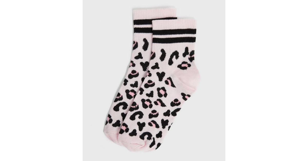 Pale Pink Leopard Print Sports Stripe Socks | New Look
