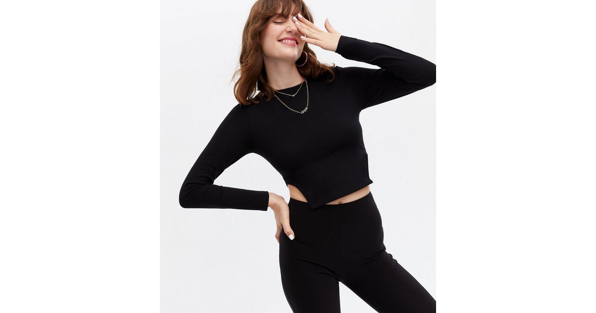 Black Crew Neck Cut Out Side Long Sleeve Top | New Look
