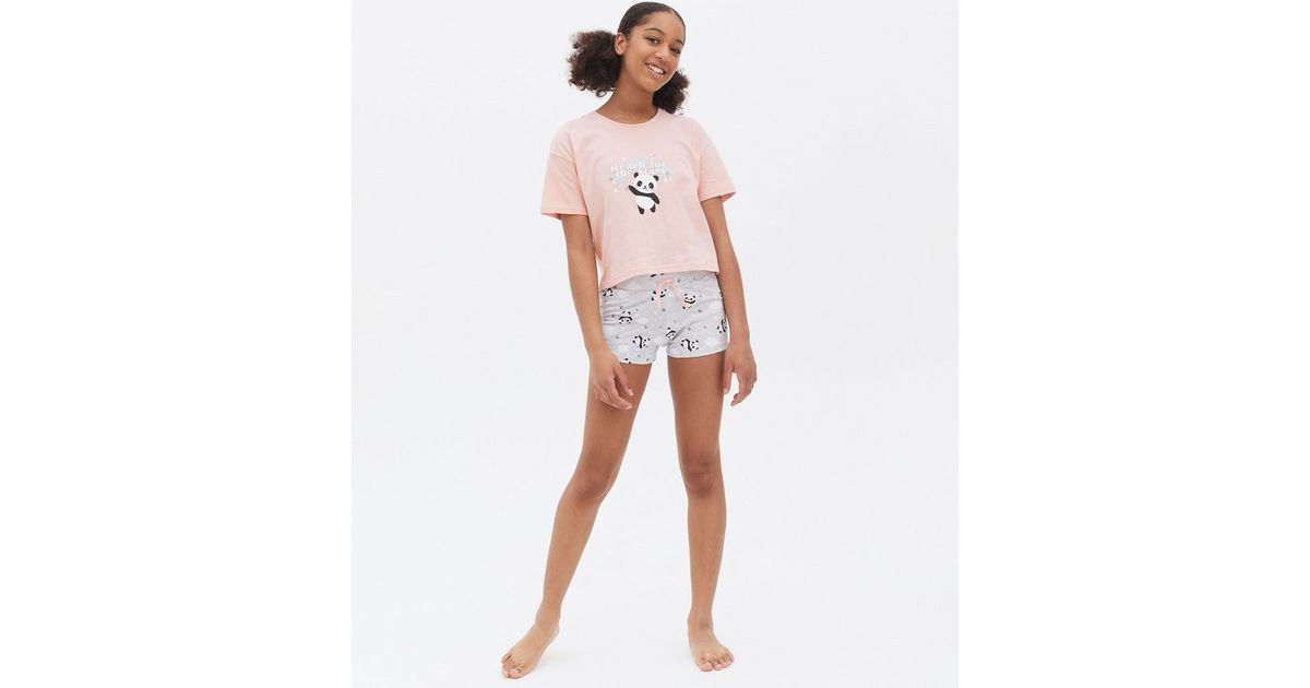 Girls Pink Short Pyjama Set with Panda Logo Print | New Look