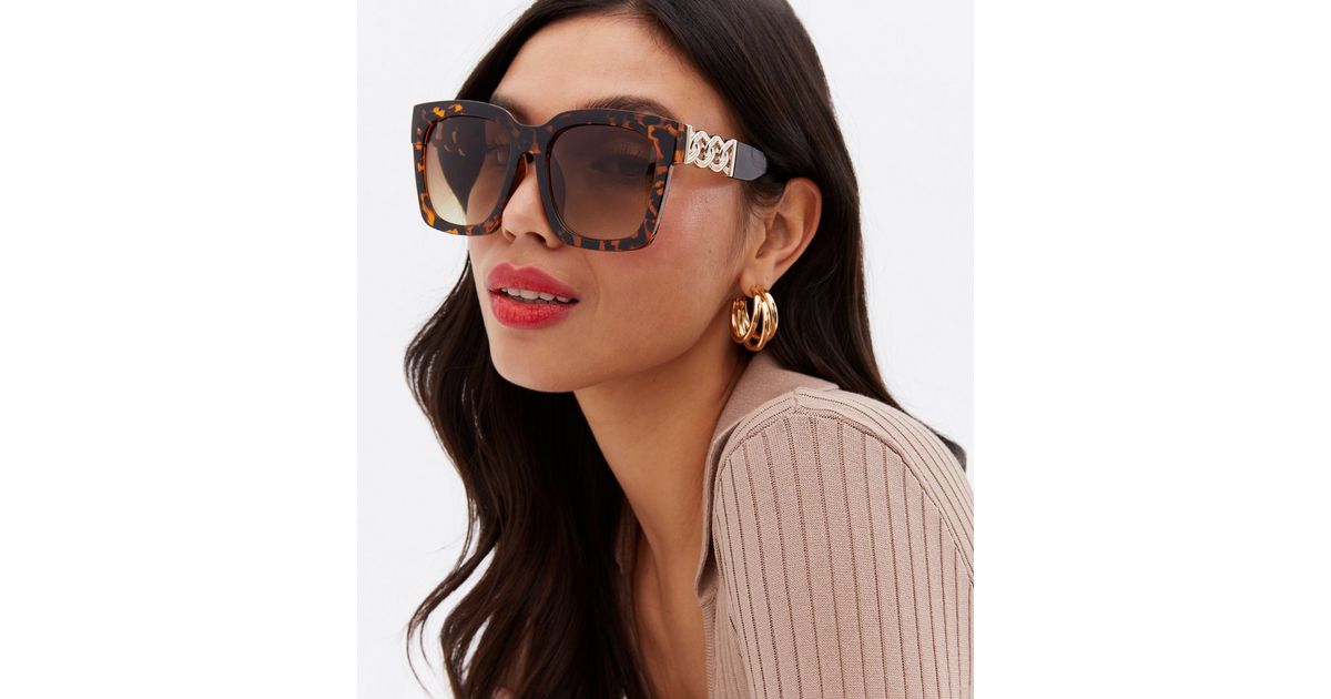 Dark Brown Tortoiseshell Effect Chain Trim Square Sunglasses New Look