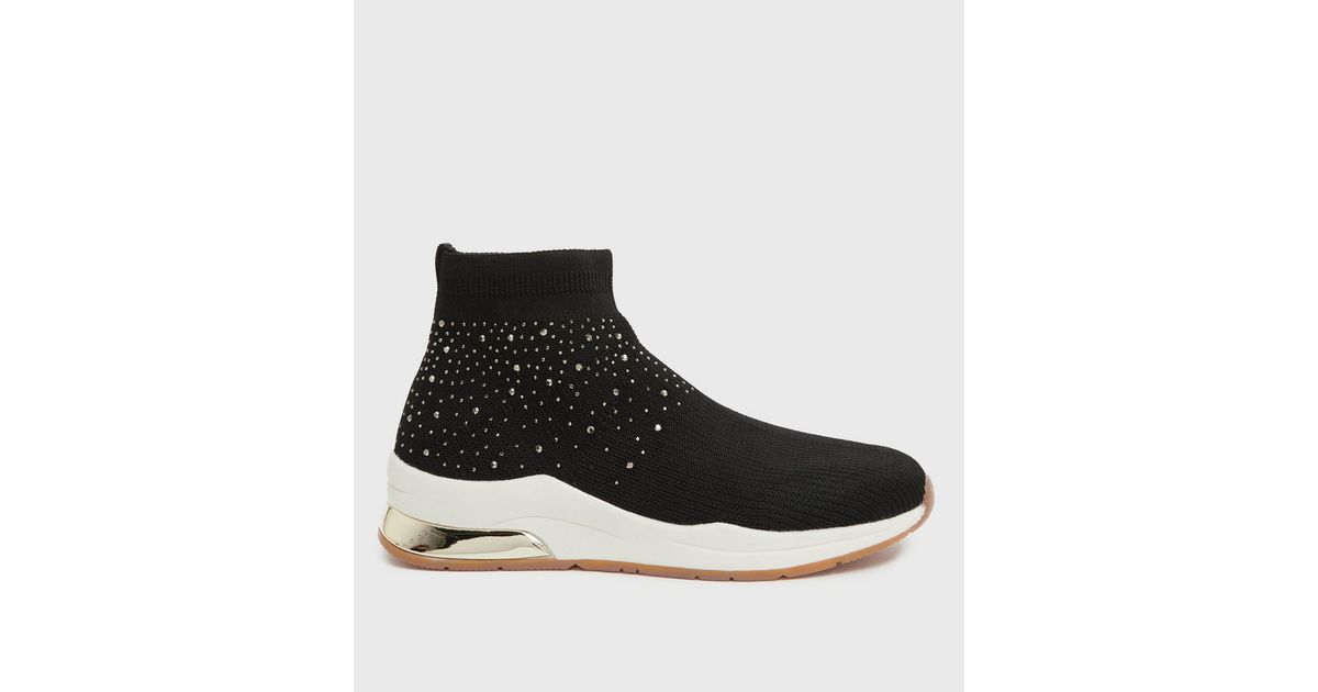 Black Knit Diamanté Sock Boot Trainers New Look