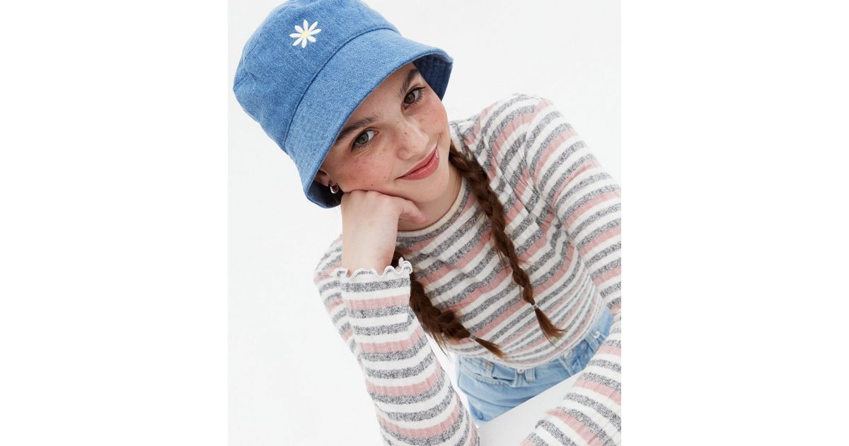 Girls Blue Denim Daisy Embroidered Bucket Hat | New Look