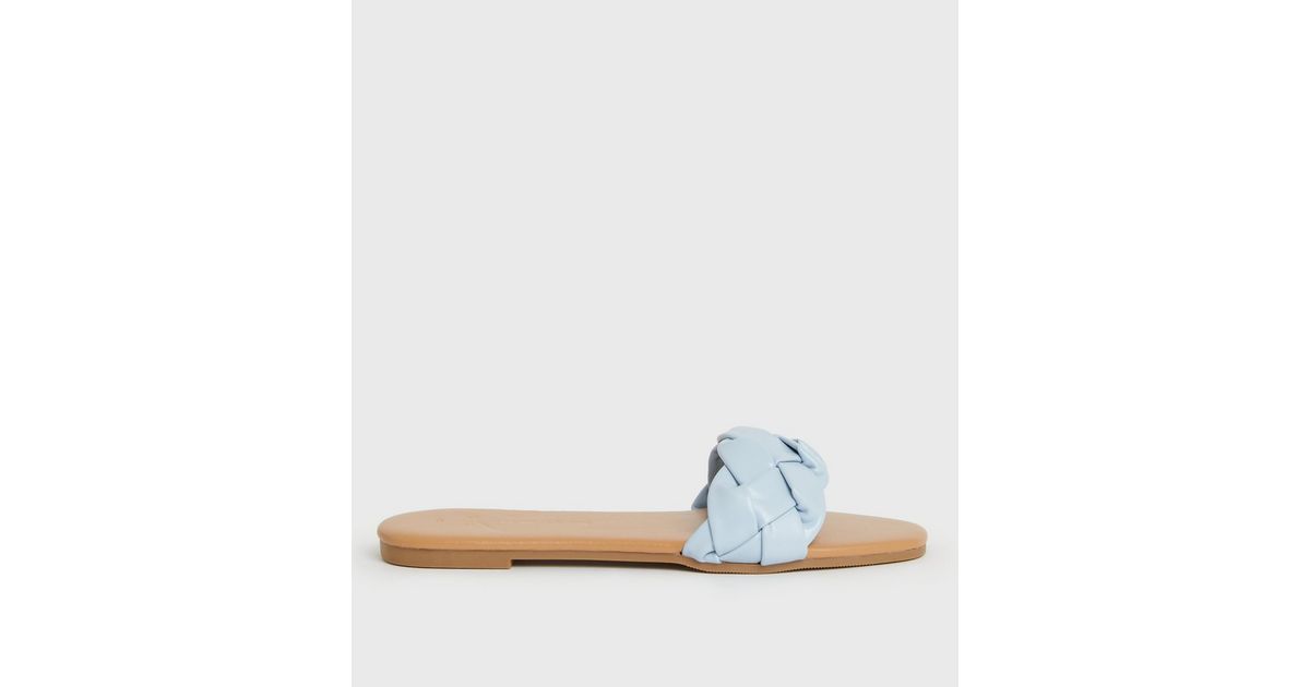 Wide Fit Pale Blue Plaited Open Toe Sliders | New Look