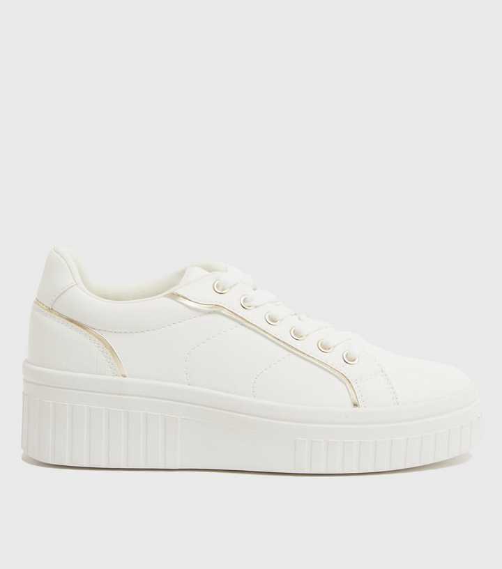 White Metallic Trim Chunky Wedge Trainers | New Look