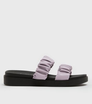 Lilac Ruched Double Strap Chunky Sliders | New Look