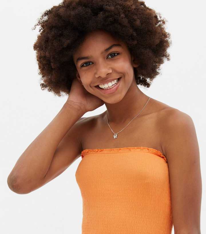 Girls Bright Orange Shirred Bandeau Top | New Look