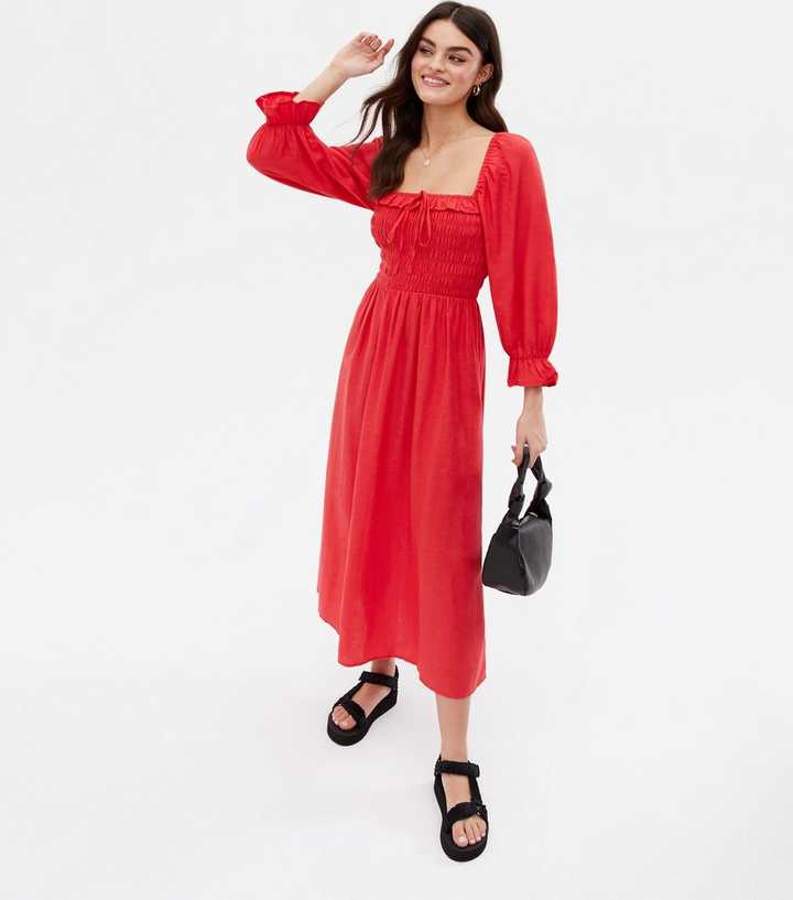 Red Shirred Frill Square Neck Midi Dress | New Look