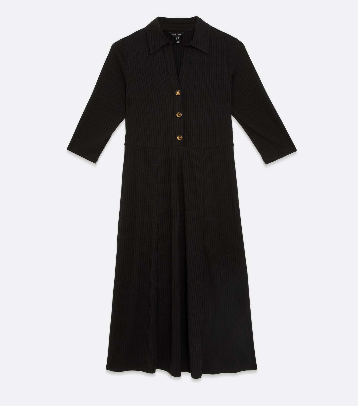 Black Ribbed Collared Button Midi Dress New Look