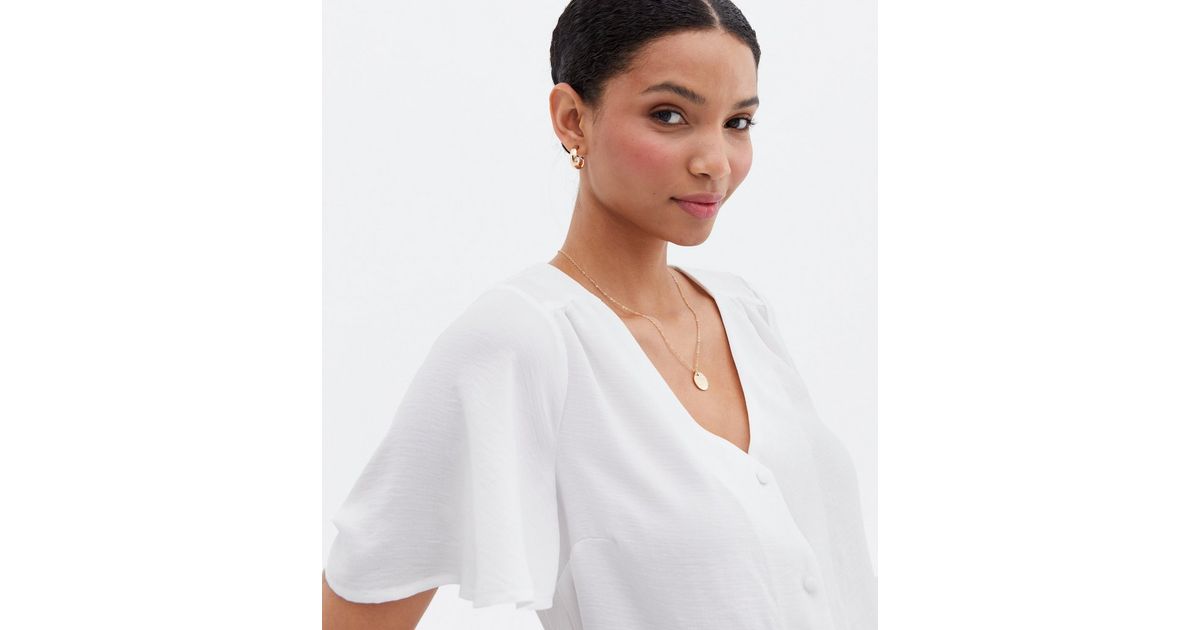 White Flutter Sleeve Button Front Blouse New Look