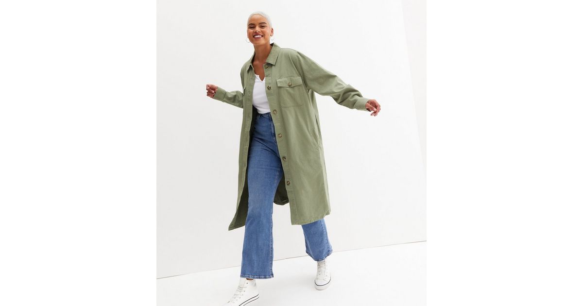 Curves Khaki Double Pocket Long Shacket | New Look