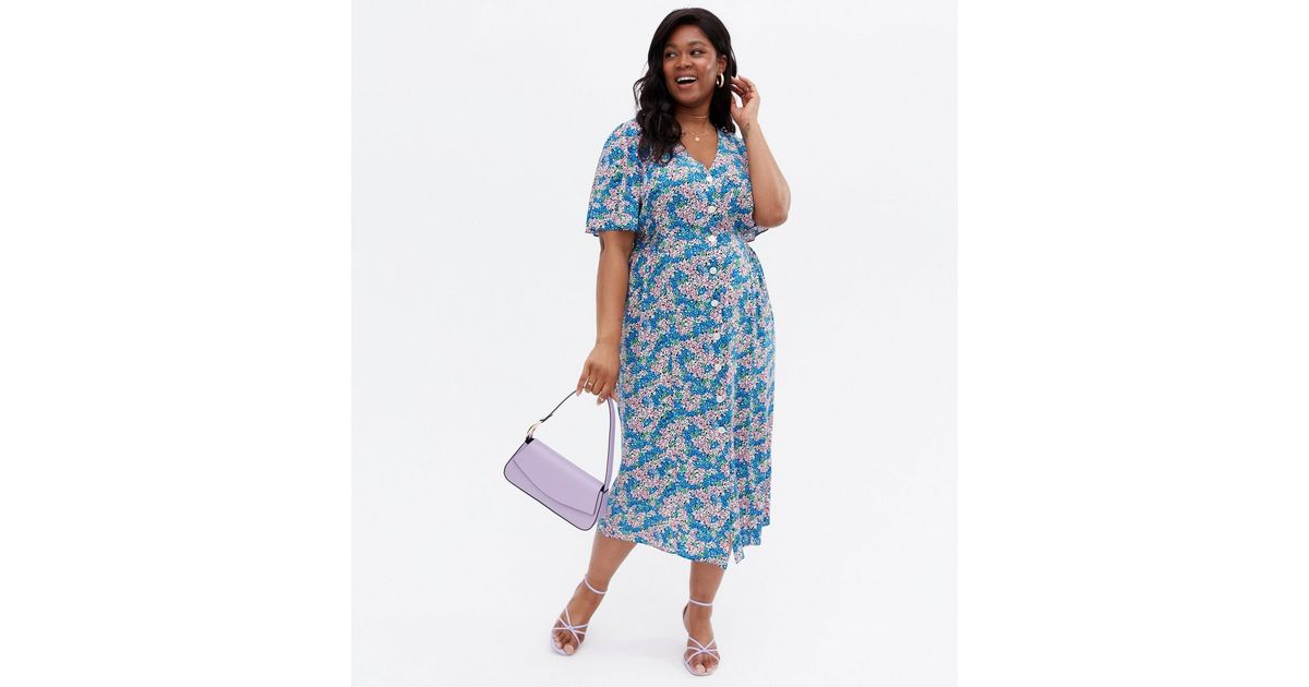 Curves Blue Floral Button Front Midi Dress | New Look