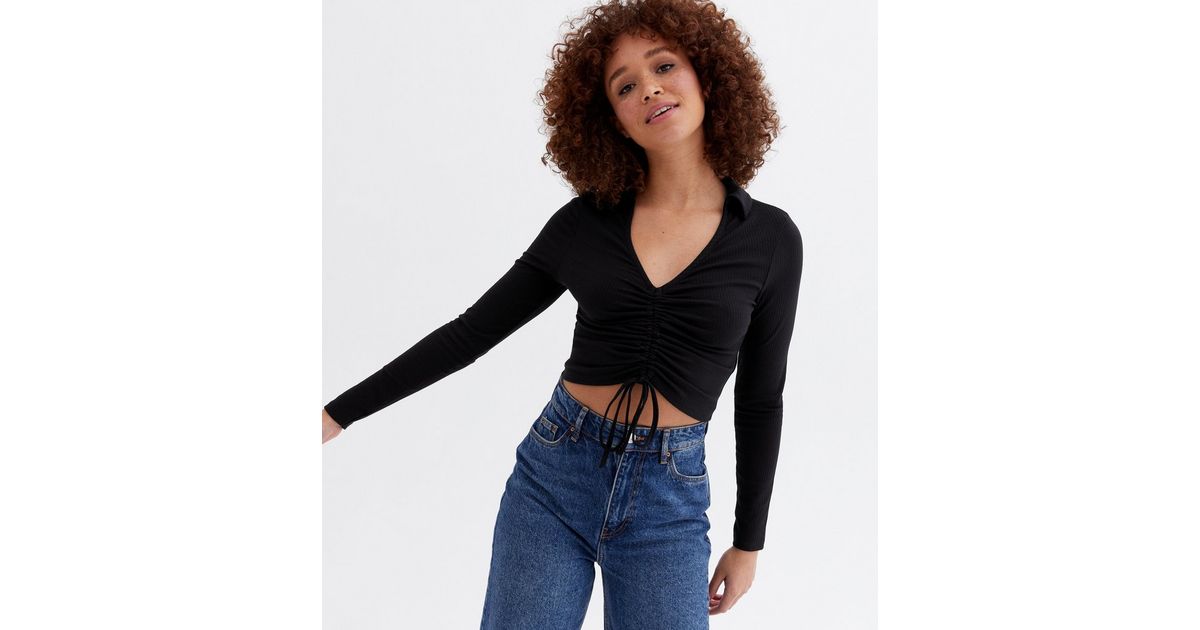 Black Ruched Collared Long Sleeve Crop Top | New Look