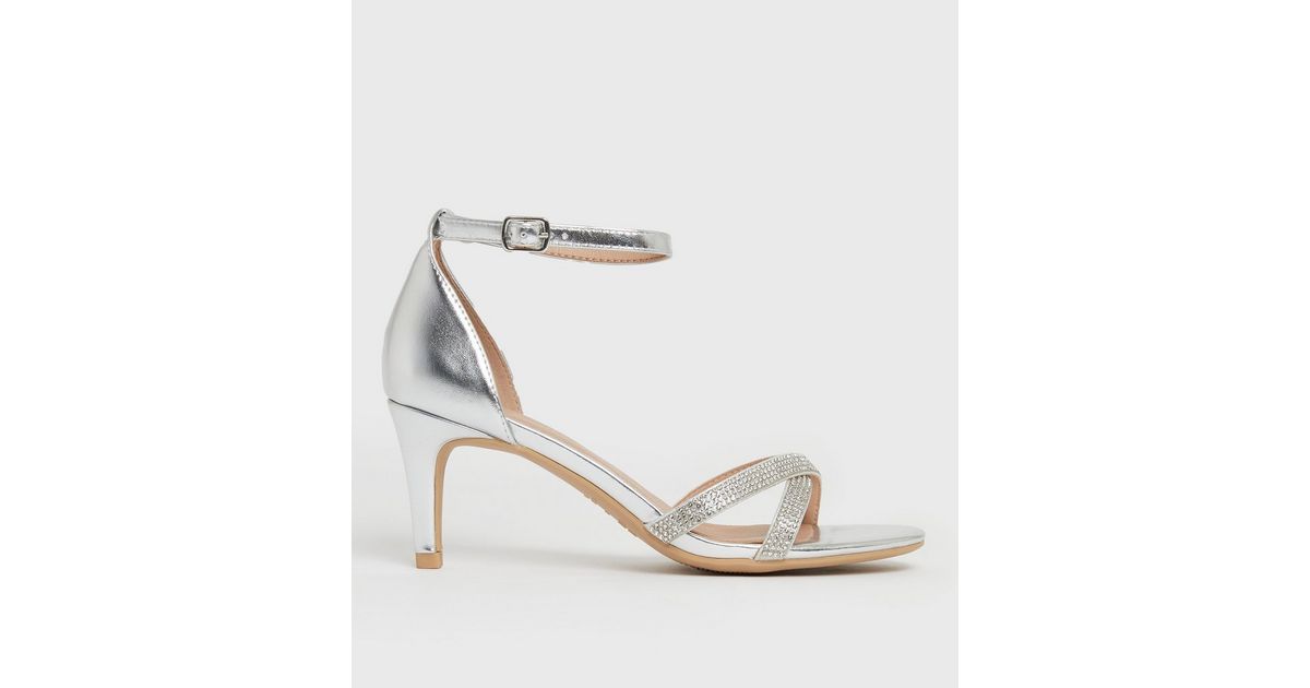 Wide Fit Silver Diamanté Mid Heel Sandals | New Look