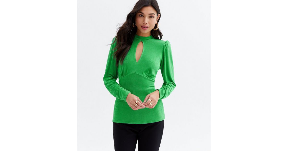 Green Ruched Keyhole High Neck Top | New Look