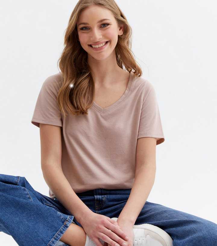 Light Brown Jersey V Neck T-Shirt | New Look