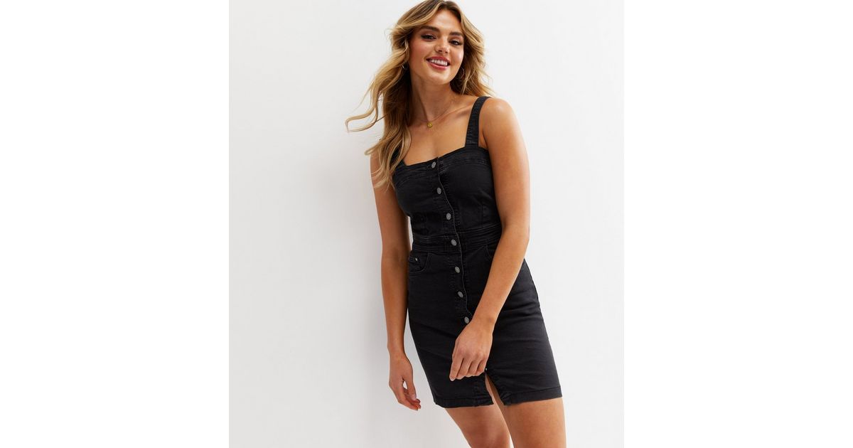 Black Denim Square Neck Bodycon Mini Dress | New Look