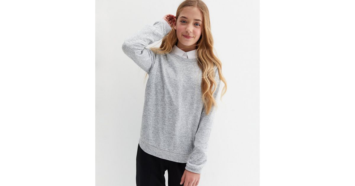 Girls Grey Soft Fine Knit Crew Neck School Jumper | New Look