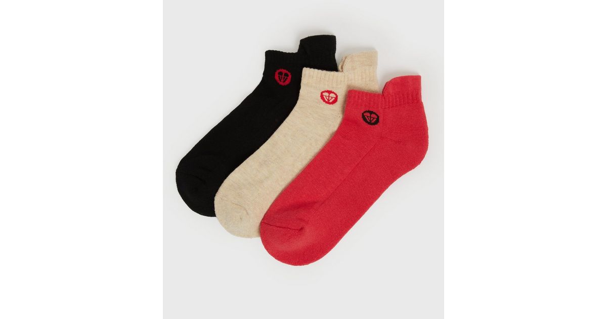 3 Pack Red Cream and Black Sports Socks | New Look