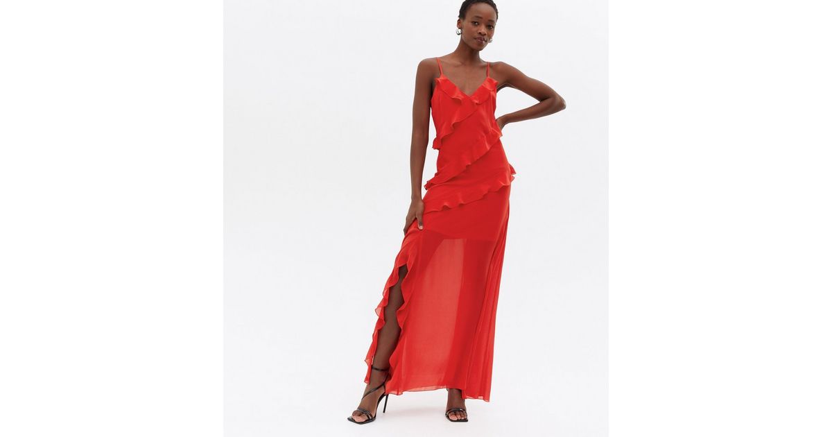 Tall Red Ruffle Chiffon Strappy Maxi Dress | New Look