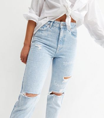 Blue Positive Vibes Ripped Logo High Waist Tori Mom Jeans New Look