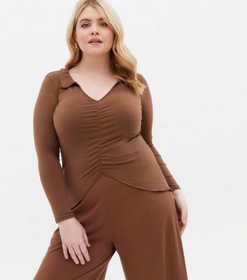 Curves Dark Brown Ruched Collared Top | New Look